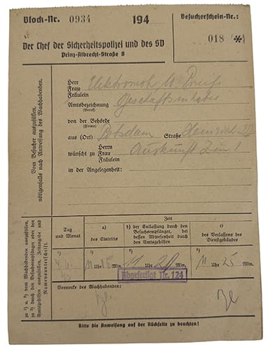 RARE ORIGINAL 1943 RSHA / GESTAPO / SD HQ BERLIN VISITOR PASS | OD43