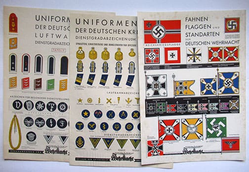 SET OF 3 RARE FULL COLOR 'DIE WEHRMACHT' CHARTS FLAGS & INSIGNIA | OD43